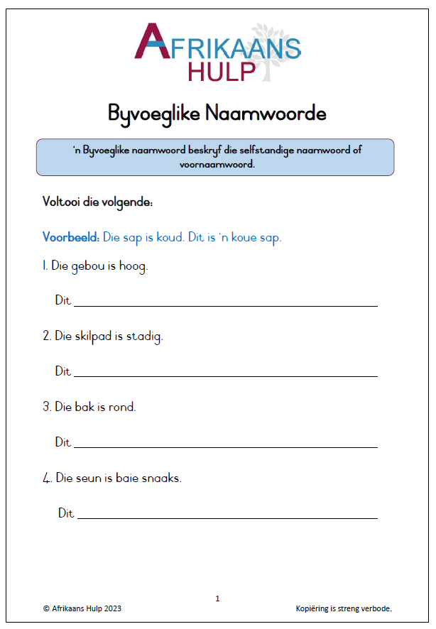 Afrikaans Byvoeglike Naamwoorde Worksheetsbywoorde Graad 6