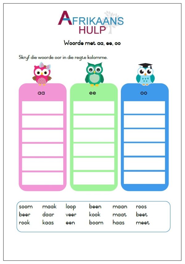 Graad 2 Woorde met aa ee oo – Afrikaans Hulp