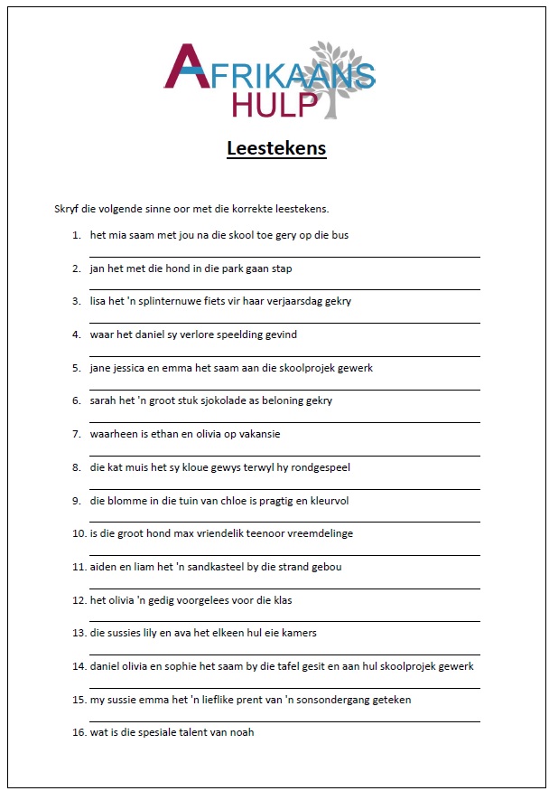 Afrikaans Comprehension Grade 3/afrikaans Leestekens